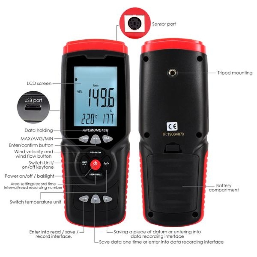 Professional Anemometer With Datalogger Measures Wind Temperature ...